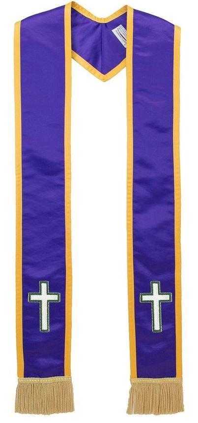 Religious Cross Symbol Purple Clergy Stole Gold Border and Fringe