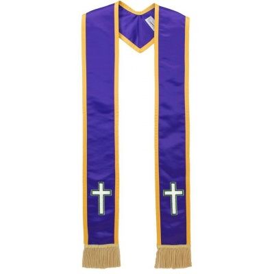 Religious Cross Symbol Purple Clergy Stole Gold Border and Fringe