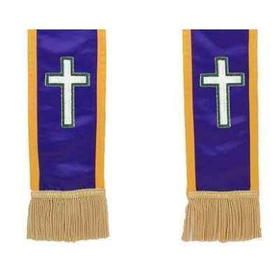 Religious Cross Symbol Purple Clergy Stole Gold Border and Fringe